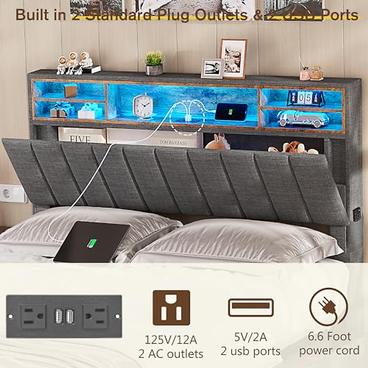 Lumelay Queen Bed Frame with 4 Storage Drawers, LED Bed Frame with Charging Station and Adjustable Tall Bookcase Headboard, Upholstered Mattress Foundation, No Box Spring Needed, Dark Grey