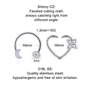 Ftovosyo Left Ear Daith Earrings 16G Heart Moon Daith Piercing Jewelry for Women Stainless Steel Cartilage Forward Helix Tragus Piercing Jewelry Plated CZ Hinged Septum Clicker Rings