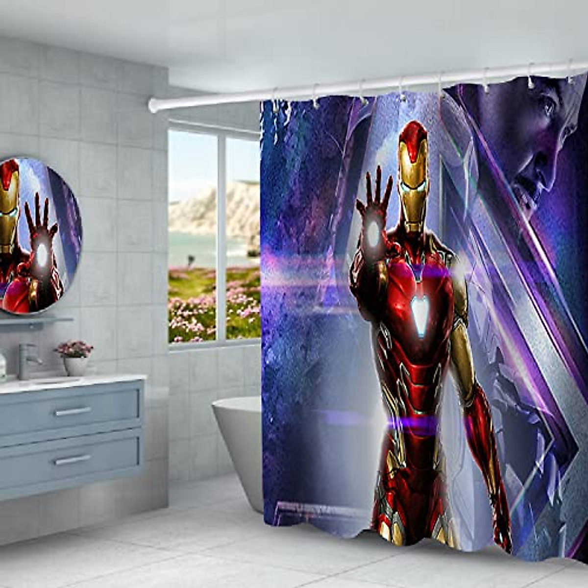 CPLAYSTORE Bathroom Set Cartoon Shower Curtain Set with Rugs, 4 Pcs Marvel Hero Waterpoof Fabric Shower Curtains with Hooks for Kids Bathroom Decor, 72''x72'' (Ironman-220305-03)