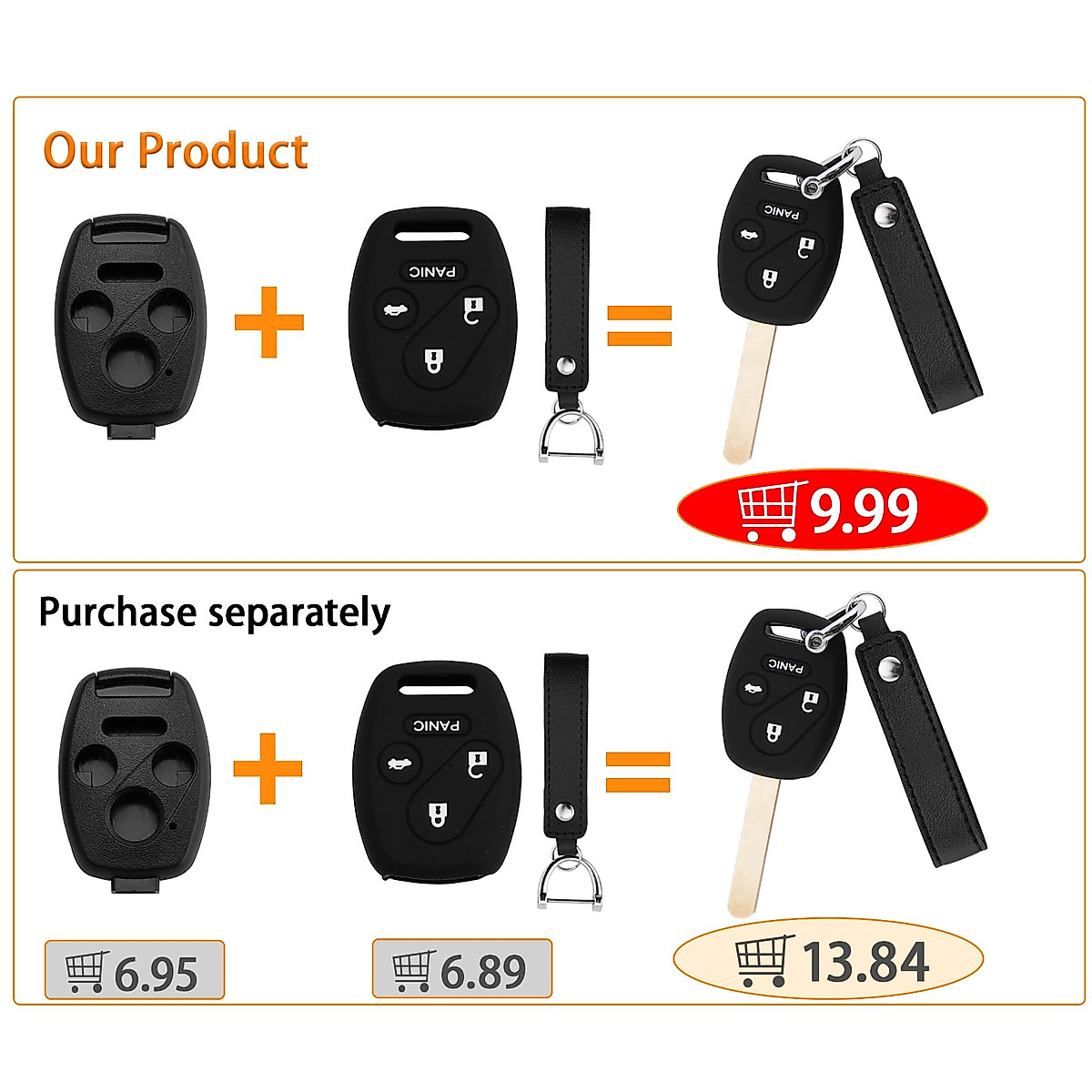 EKALA 2Pcs for Honda Key Shell Replacement with Silicone Key Fob Cover Case Keychain 4 Button Compatible with Honda 2003-2012 Accord / 2006-2013 Civic EX / 2005-2006 CR-V / 2009-2015 Pilot (KG-Hod-4R)