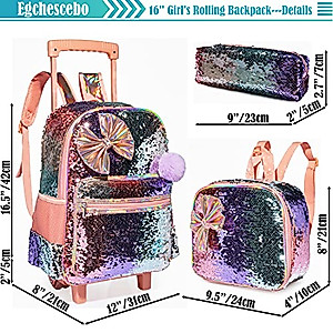 kids Rolling Kid Travel Toddler Duffle Bag Bow Tie Backpack for Girls Carry on Luggage Roller Computer Suitcase with Pencil Case and Lunch Box Wheels Wheeled Sequins Backpacks Girls Gradient Champagne