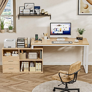 Homall L Shaped Desk with Drawers&Shelves, 55'' Corner Computer Desk with Power Outlets, Reversible PC Table with Storage File Cabinet for Home Office Studying Writing Gaming Workstation (Light Oak)