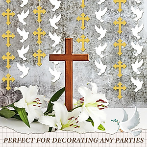 Wonderjune 12 Pcs First Holy Communion Baptism Decoration Gold and White Dove Cross Garland Banner for Wedding Bridal Baby Shower Engagement Religious Christian