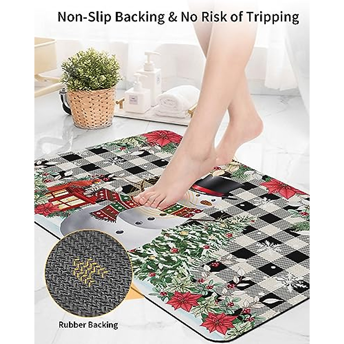 Christmas Snowman Bath Mat for Tub,Non Slip Bathroom Floor Runner Rug Quick Dry & Absorbent Diatomaceous Earth Shower Sink Washable Doormat,Black Grey Farmhouse Plaid Poinsettia Eucalyptus 16"x24"