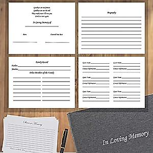 Funeral Guest Book for Memorial Service - Grey Linen Celebration of Life Hardcover with Memory Cards, Table Display Sign, and a Premium Black Pen - Complete Set