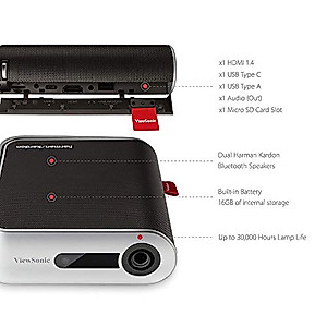 ViewSonic M1+ Portable LED Projector with Auto Keystone, Dual Harman Kardon Bluetooth Speakers and HDMI, USB C, Stream Netflix with Dongle (M1PLUS),Portable with Wi-Fi