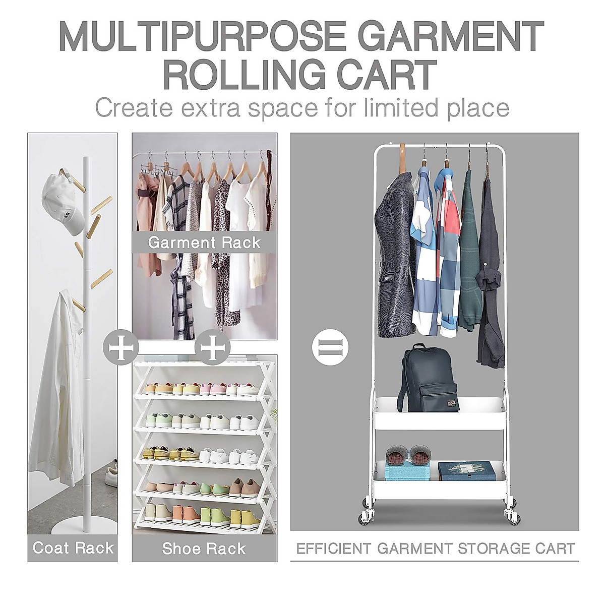 KINGRACK 2-in 1 Garment Rack, Clothing Rack with 2 Tier Metal Basket, Rolling Storage Cart Clothes Organizer Coat Rack Storage Stand on Wheels for Home Bedroom Laundry Small Place Entryway, White