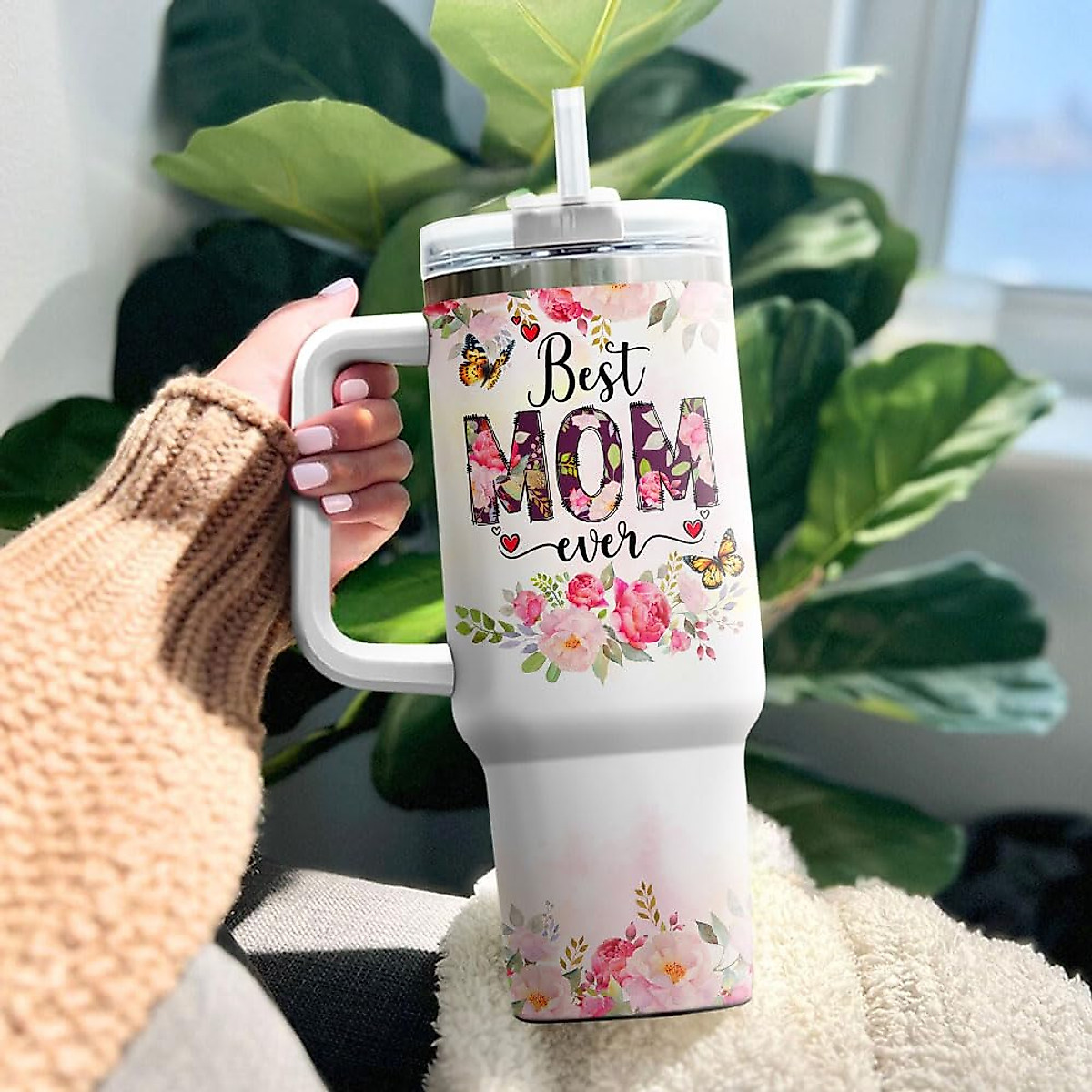 Mom Ugly Children Watercolor Floral, Tumbler 40 Oz With Handle Lid And Straw, Cups Primrose For Yellow Insulated Quartz Heart Handle Simple Modern Rose, Best Mom Ever Gifts