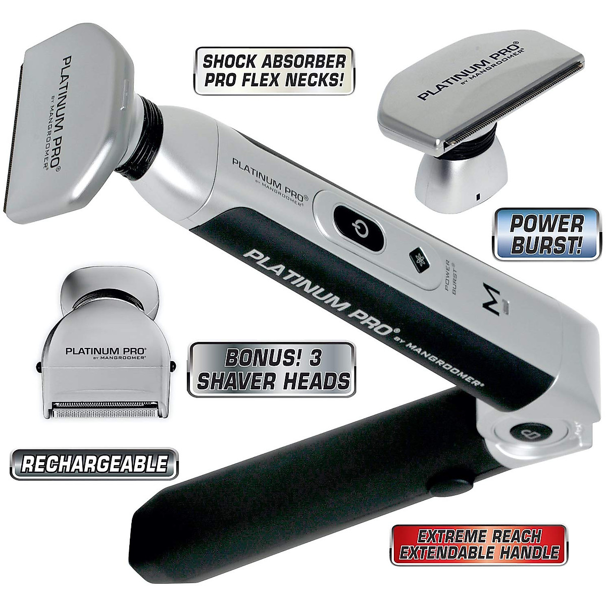 MANGROOMER - PLATINUM PRO New Back Hair Shaver Complete Foil Attachment Head with Shock Absorber Flexing Neck for Smooth Shaving!