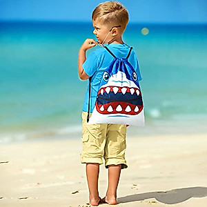 WAWSAM Shark Drawstring Backpack - Drawstring Bags for Boys Kids Swim Bag for Beach Swim Swimming Pool Draw String Bags with Zippered Pocket Waterproof Sports Gym Bag