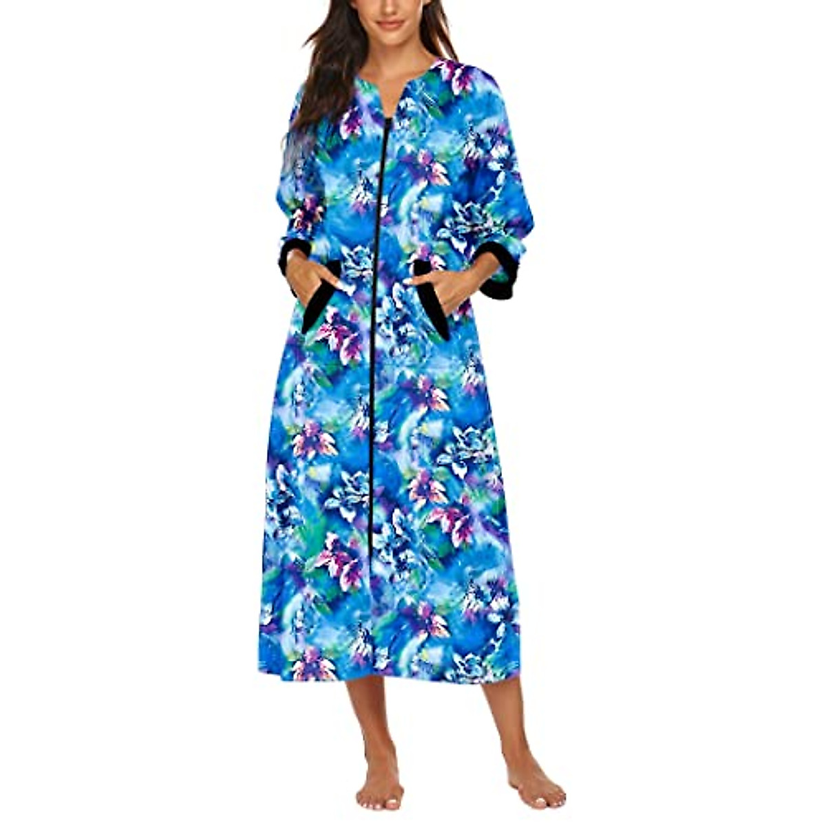 Ekouaer House Dresses for Womens Robe Long Zip Up House Coat Half Sleeve Night Gowns Comfy Sleepwear Print Loungewear