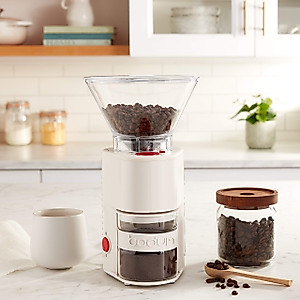 Bodum Bistro Electric Conical Burr Coffee Grinder, Preset Timer, 12 Grind Settings, White