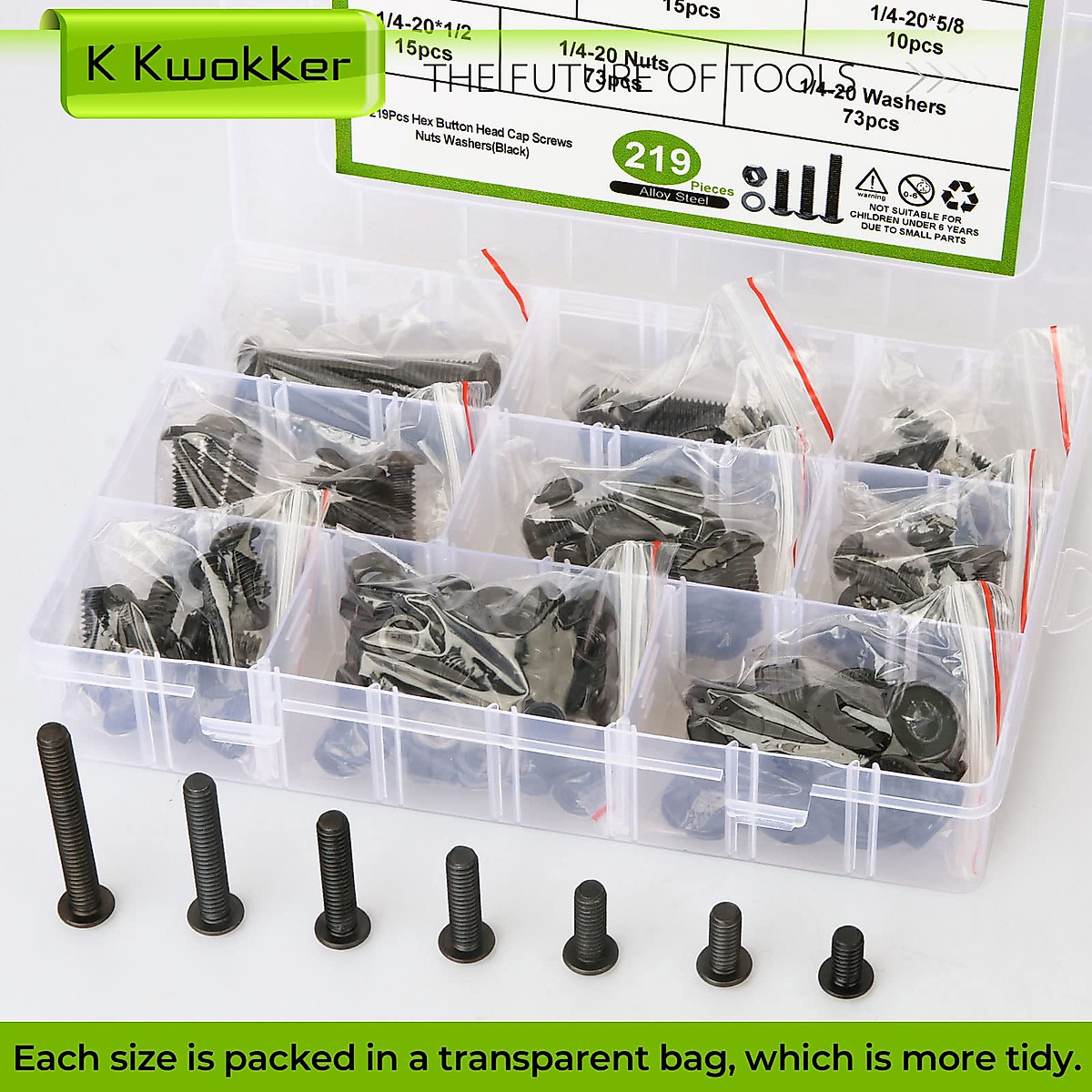 K Kwokker 1/4 20 Bolt and Nuts, 7 Sizes are 2", 1-1/2", 1-1/4", 1", 3/4", 5/8", 1/2", Button Head Hex Socket Cap Screws, Black, Full Machine UNC Thread, with Washers for Screws, 219Pcs Totally