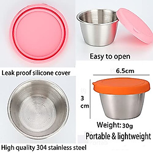 Salad Dressing Condiment Container To Go,Stainless steel Small Food Containers With Silicone Lids, Leakproof and Reusable Dipping Sauce Cups Fits in Bento Box for Picnic Travel Office, 6x1.6oz