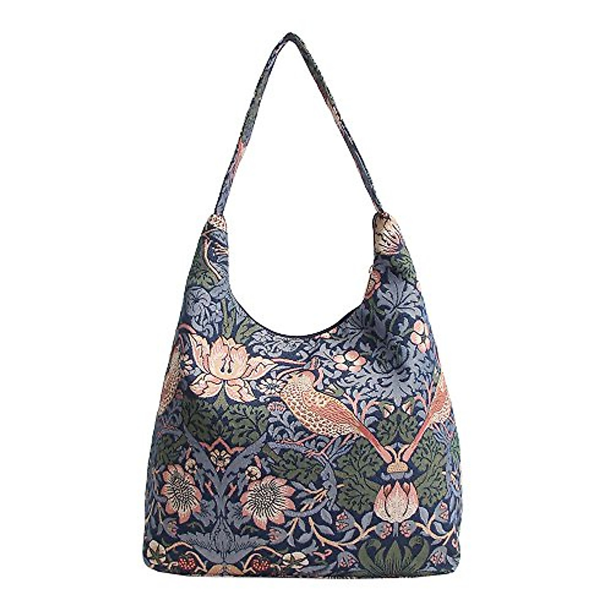 Signare Tapestry Hobo Shoulder bag slough purse for Women with Blue Floral William Morris Strawberry Thief Design (HOBO -STBL)