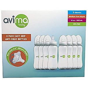 Avima 10 oz Anti Colic Baby Bottles, BPA Free, Standard Neck with Medium Flow Nipples (Set of 8)