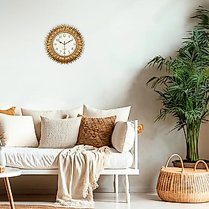 SkyNature Wall Clocks Battery Operated, 12 Inch Boho Sunflower Wall Clock for Living Room Decor, Silent Non-Ticking Small Analog Clock for Kitchen, Bedroom, Bathroom, Office - Gold