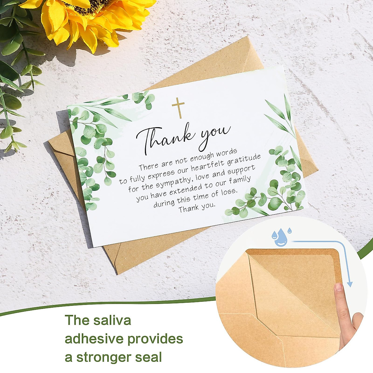 BYBOUS 50Pcs Funeral Sympathy Thank You Cards with Envelopes and Matching Seal Stickers, Green Leaf Cross Bereavement Card with Message for Memorial Service Loved Ones Celebration of Life