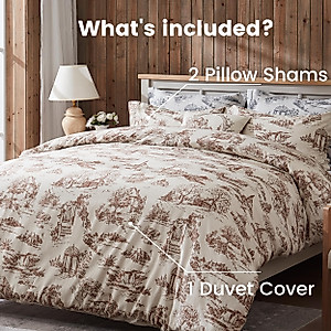 BISELINA Vintage Linen Duvet Cover Set Landscape Printed Pattern 3pcs (1 Comforter Cover, 2 Pillow Shams)- Natural Flax Cotton Blend Reversible Breathable Retro Country Bedding - Coffee, Queen