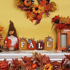 DEWBIN Fall Decorations for Home, Pumpkin Wood Sign with Fall Lettered for Fall Decor, Decorative Wooden Block Set Thanksgiving decor for Tables, Tiered Tray, Mantel, Thanksgiving