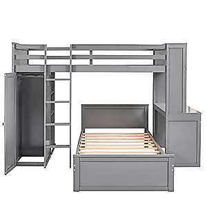 Twin Size Loft Bed with Desk and Wardrobe, Wood Loft Bed Frame with Storage Shelves and A Stand-alone Bed, Twin Over Twin Bunk Bed Frame for Kids Teens Adults (Bottom Bed Can Be Moved, Gray)