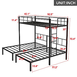 INCLAKE Triple Bunk Bed, Metal Twin Over Twin & Twin Bunk Beds for 3 with Guardrails, Ladder & Upper-Bed Platform, Detachable 3 Bunk Beds for Children, Teens, Adults, No Box Spring Needed, Black