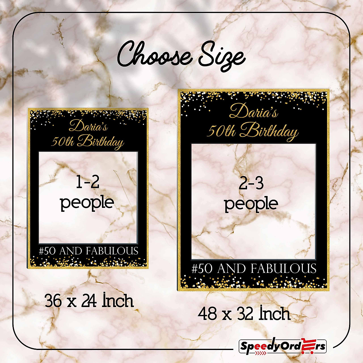 Fifty & Fabulous Photo Booth Frame, 50th Birthday Decorations, Personalized Black and Gold Glitter Selfie Frame, Custom Photo Booth Props, 20th, 30th, 40th Birthday, Party Supplies Sizes 36x24, 48x32