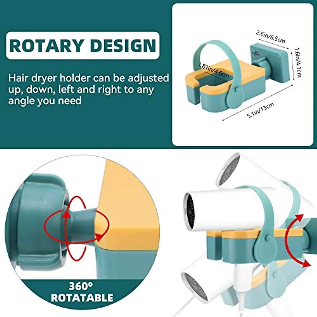 360° Rotatable Hair Dryer Holder Wall Mounted, ZOOS Hands Free Hair Dryer Stand, Universal Blow Hair Dryer Holder Wall Mount, Self Adhesive Hair Dryer Rack for Child Pregnant Woman Disabled