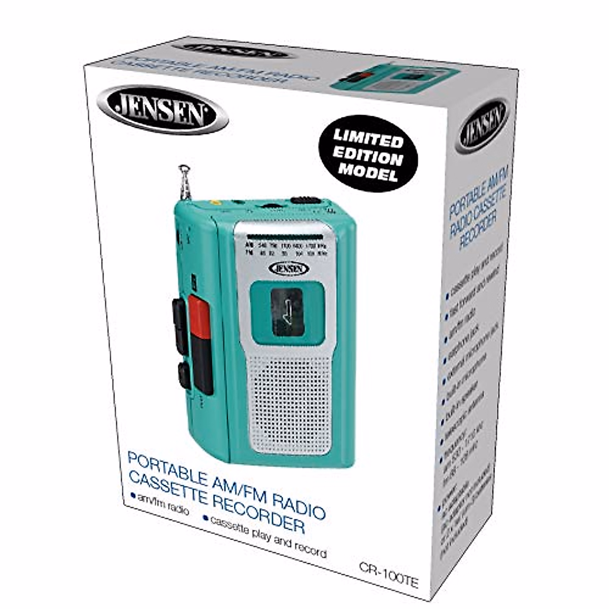 Jensen CR-100 Retro Portable AM/FM Radio Personal Cassette Player Compact Lightweight Design Stereo AM/FM Radio Cassette Player/Recorder & Built in Speaker (Teal Limited Edition)