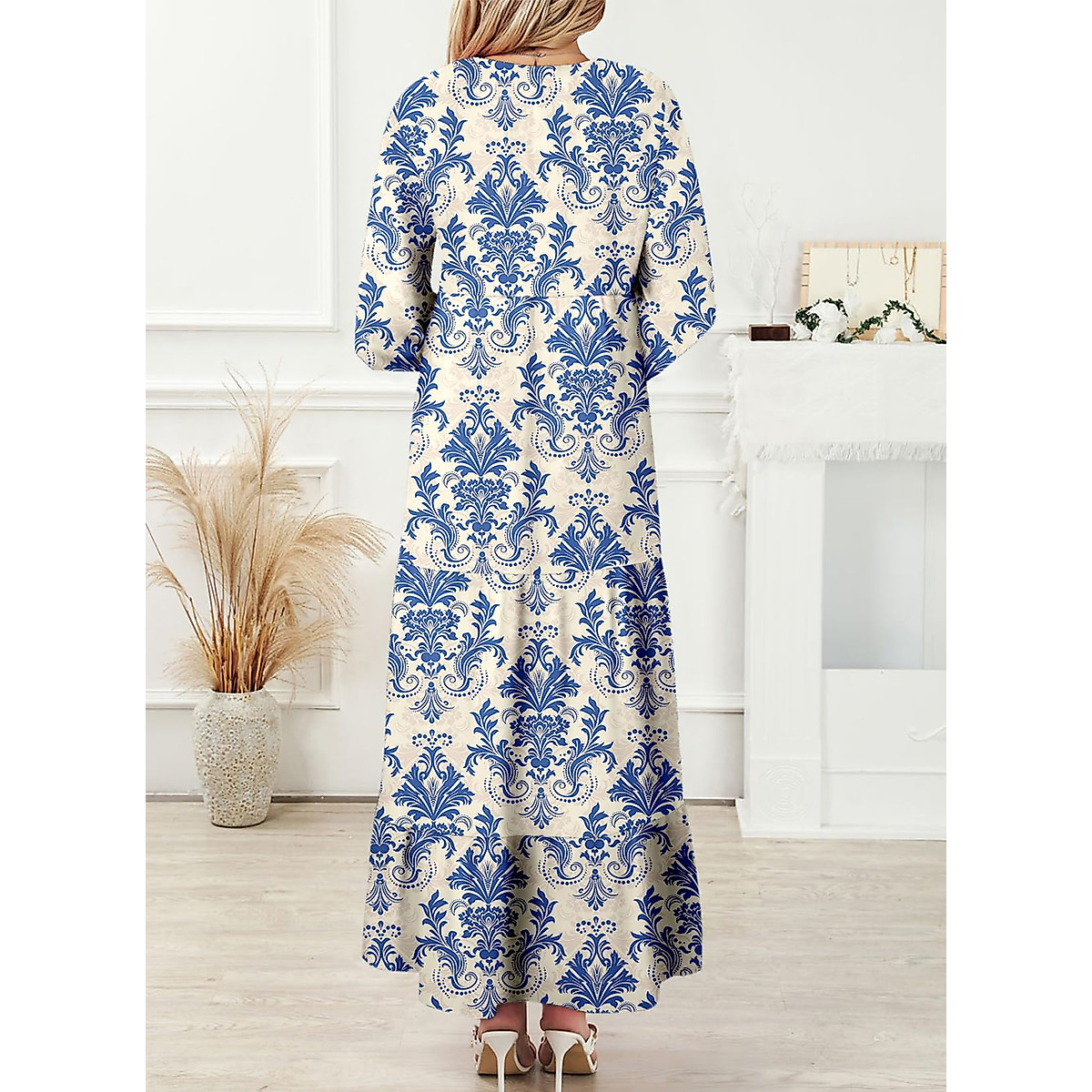 Dokotoo Womens Sundresses V Neck Boho Maxi Dress Puff Sleeve Long Dresses Ruffle A Line Flowy Beach Dresses XX-Large Blue