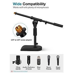 InnoGear Adjustable Desk Microphone Stand, Weighted Base with Soft Grip Twist Clutch, Boom Arm, 3/8/'' and 5/8/'' Threaded Mounts for Blue Yeti and Blue Snowball, Kick Drums, Guitar Amps, Black