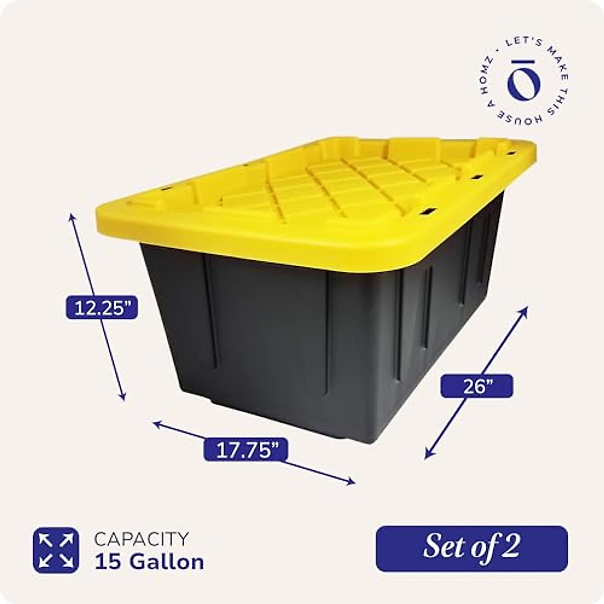 HOMZ Durabilt 15-Gallon Storage Tote with Flip Lid, Heavy-Duty Storage Bin with Snap-on Lid, Black and Yellow, 2 Pack