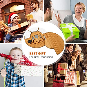 Vaiyer Charcuterie Cheese Cutting Board Set with 13 Inch Round Cheese Board with 3 Knives, 3 Ceramic Bowls with 2 Slate Labels and Chalk Marker, Serving Platter Meat, Housewarming Gift