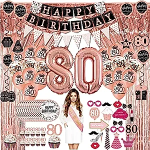 80th birthday decorations for women - (76pack) rose gold party Banner, Pennant, Hanging Swirl, birthday Balloons, Foil Backdrops, cupcake Topper, plates, Photo Props, Birthday Sash for gifts women