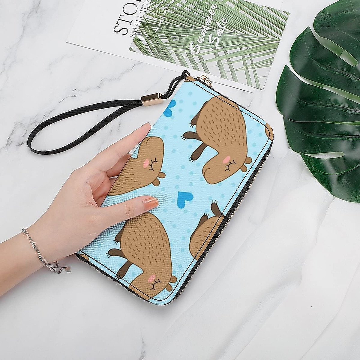 FunnyStar Capybara Daydream Women's Long RFID Hand Wallet Wristlet Clutch Purse PU Leather Handbag with Wrist Strap