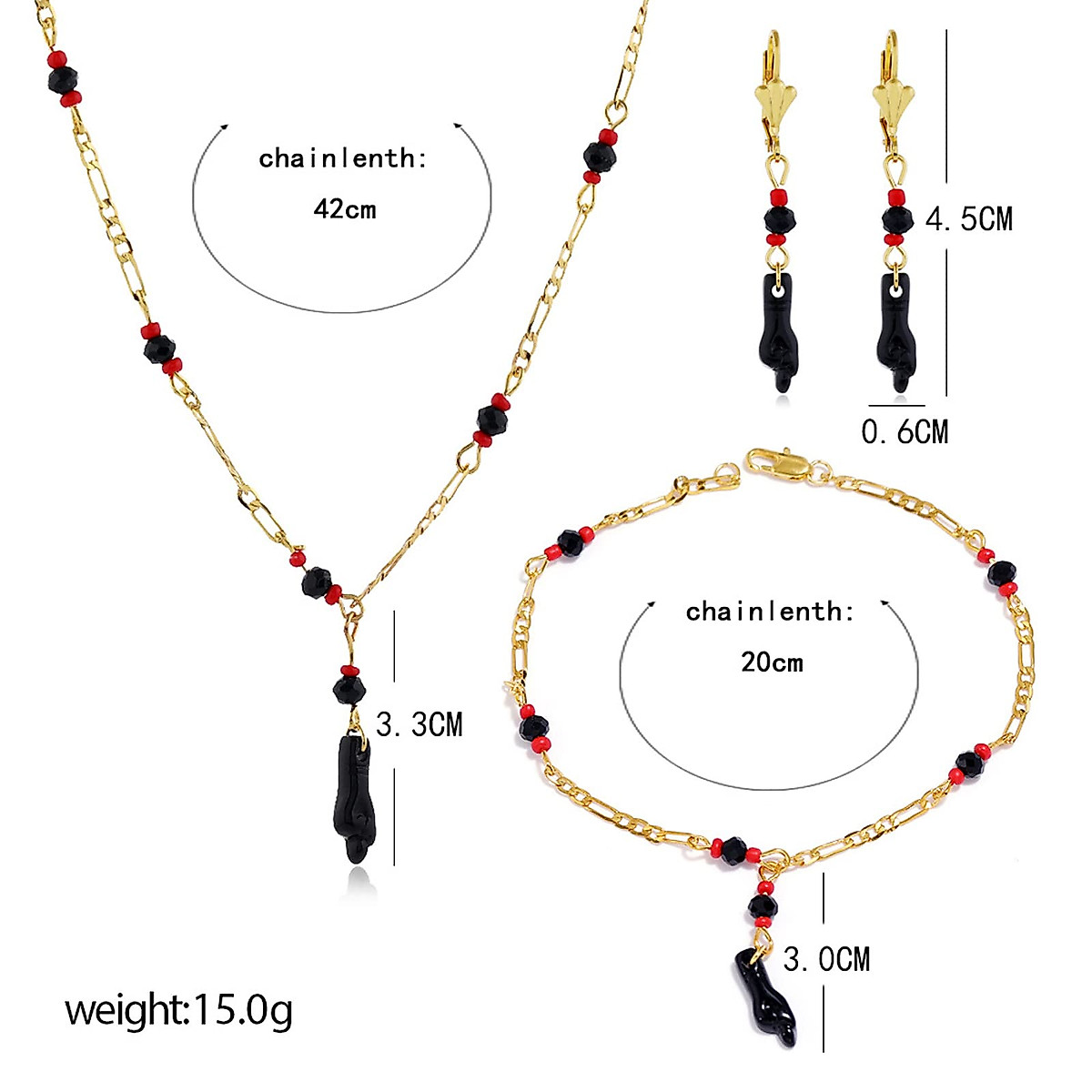 Caiyao Black Azabache Hand Figa Charm Stainless Steel 18K Gold Plated Link Chain Necklace Bracelet Evil Eye Amulet Protection Unisex Jewelry for Women Men-black