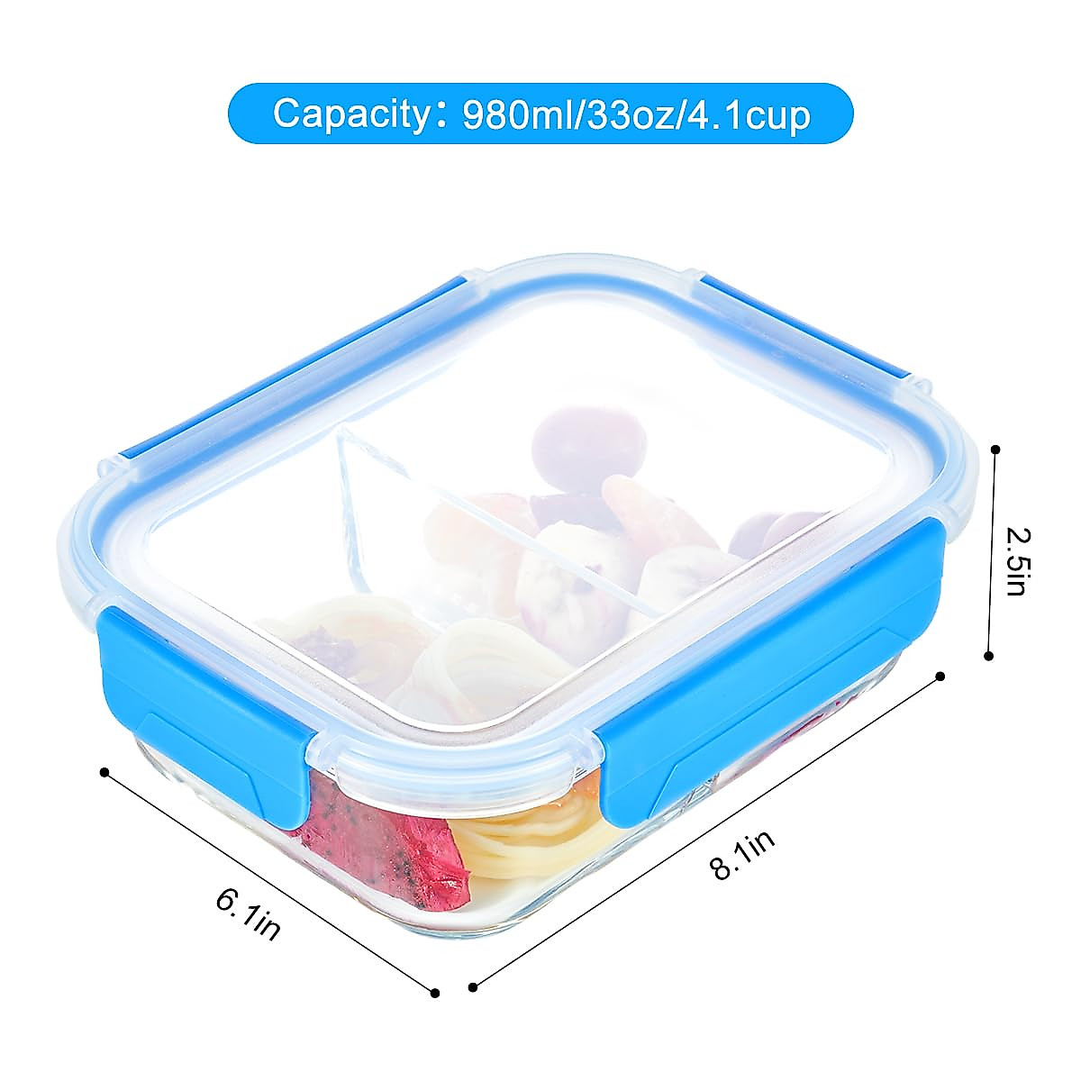 DASAAN 10 Piece Glass Food Storage Containers with 2 compartment and Airtight Lid, Glass Meal Prep Containers, Easy Stack Containers, Freezer to Oven, Microwave and Dishwasher safe
