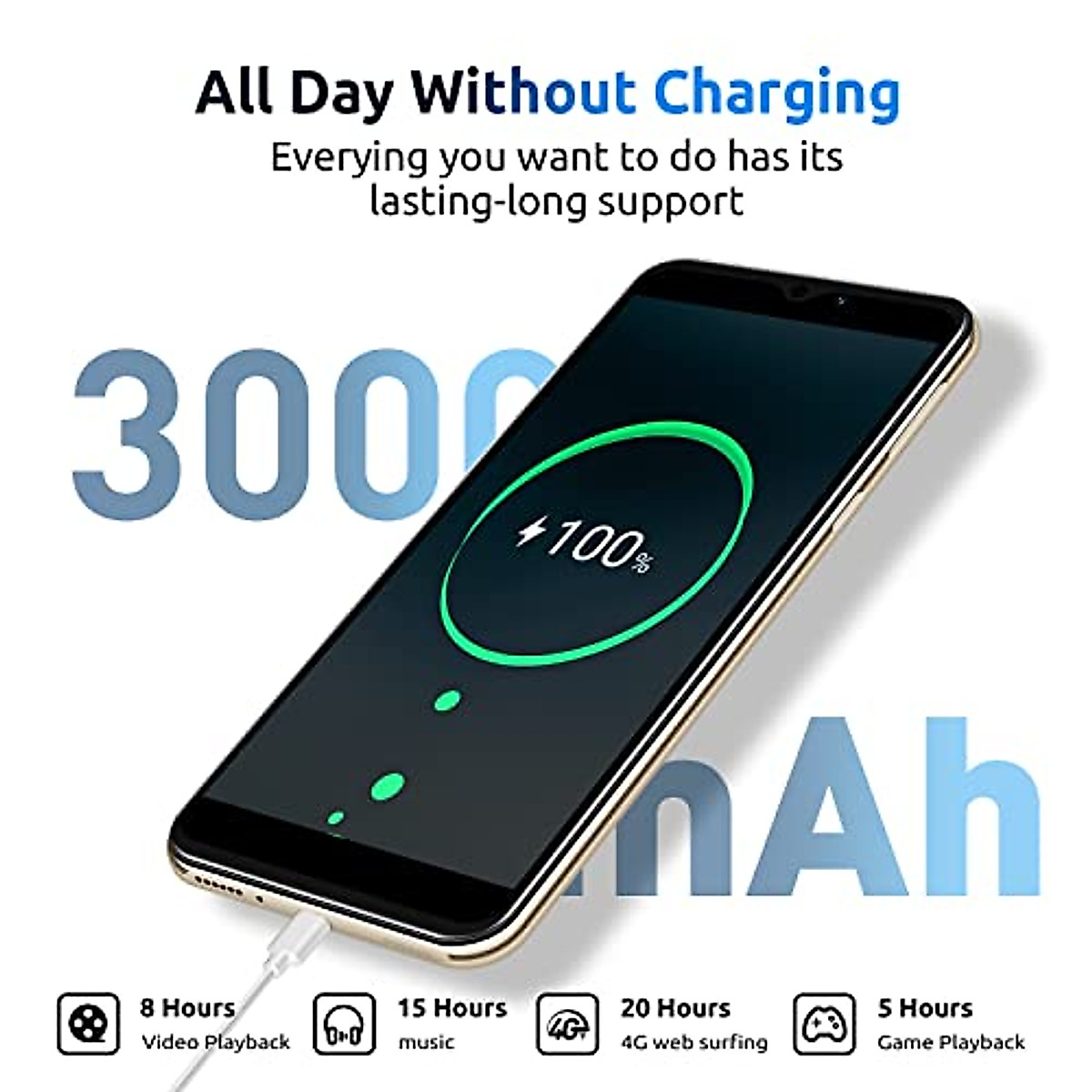 Xgody X60 4G Unlocked Phones, 6'’ QHD Waterdrop Screen Dual Sim Unlocked Cell Phones, Quad-core 2GB+16GB Smartphones, 3000mAh Battery, Face Unlock, AI Camera 5MP+5MP Cheap Android Phone (Gold)