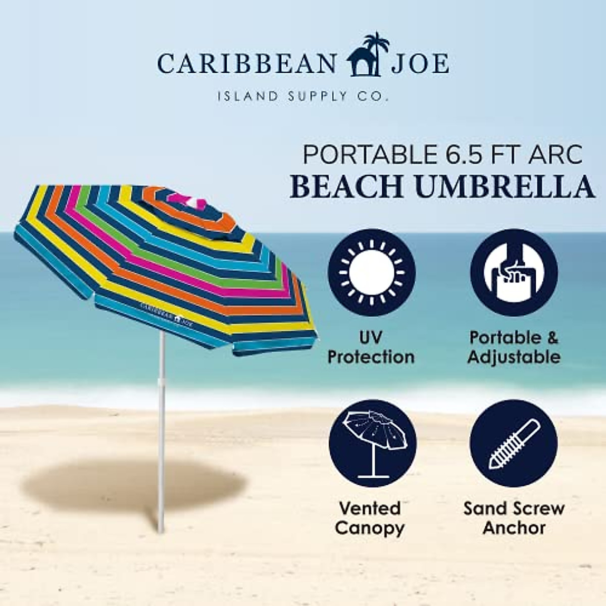 Caribbean Joe Chaby International Portable, Adjustable Tilt Beach Umbrella with UV Protection, 7 FT