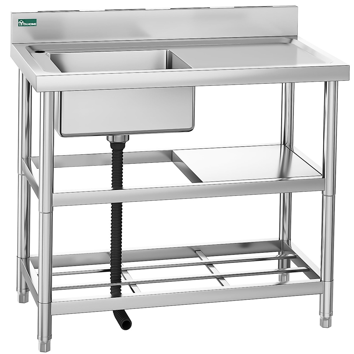 YITAHOME Kitchen Sink Stainless Steel Single Bowl Freestanding Commercial Sink with Drainboard for Restaurant, Utility Sink w/Workbench & Double Storage Shelves for outdoor 39" W x 20" D x 37" H