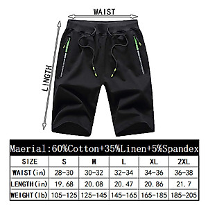 Tansozer Men's Casual Shorts Elastic Waist Comfy Workout Shorts Drawstring Summer Jogger Shorts with Zipper Pockets (Black, Large)