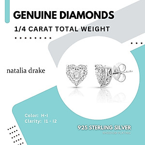 NATALIA DRAKE 1/4 Cttw Diamond Stud Earrings for Women in Rhodium Plated 925 Sterling Silver Heart Shaped Studs Color I-J/Clarity I2-I3
