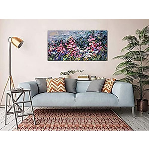 Arjun Flowers Wall Art Pink Elegant Painting Modern Abstract Colorful Floral Landscape Picture Canvas Rustic Wildflowers 48"x24" Large Framed Artwork for Bathroom Living Room Bedroom Home Office Décor