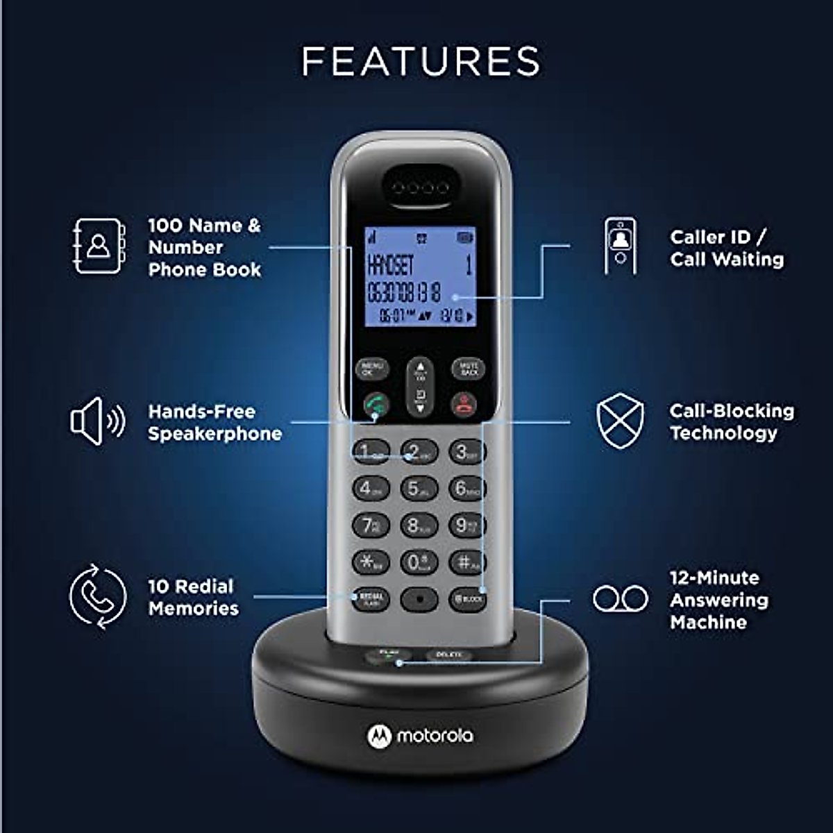 Motorola Voice Cordless Phone System w/ 3 Digital Handsets + Answering Machine, Remote Access, Call Block - Dark Grey (T613)