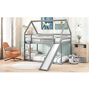 Harper & Bright Designs House Bunk Bed with Convertible Slide and Ladder, Twin Over Twin Bunk Bed with Roof and Security Guardrails, Floor Bunk Bed for Kids (Gray)