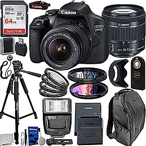 Canon EOS 2000D/Rebel T7 DSLR Accessory Bundle Complete with Canon EOS 2000D Camera & EF-S 18-55mm f/3.5-5.6 Lens. Includes: 64GB Memory Card + Slave Flash + Much More - International Model (Renewed)