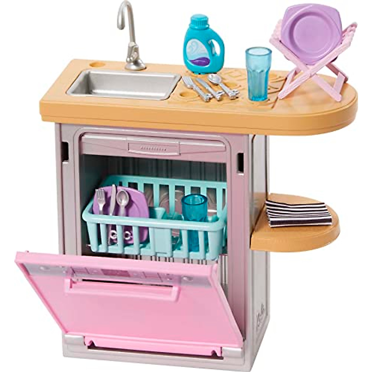 Barbie Furniture and Accessories, Doll House Decor Set with Dishwasher Theme, Kitchen Add-On with Counter Sink