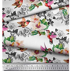 Soimoi Cotton Poplin White Fabric - by The Yard - 42 Inch Wide - Hummingbird, Leaves & Flower Floral Textile - Playful and Delicate Fusion for Stylish Creations Printed Fabric