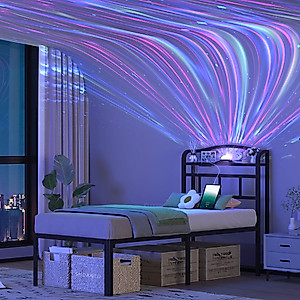 SHOANED Twin Size Metal Bed Frame - 18 Inch Heavy Duty Bedframe with Headboard & Charging Station Basic Steel Slats Platform with Galaxy Aurora Projector No Box Spring Needed, Noise-Free