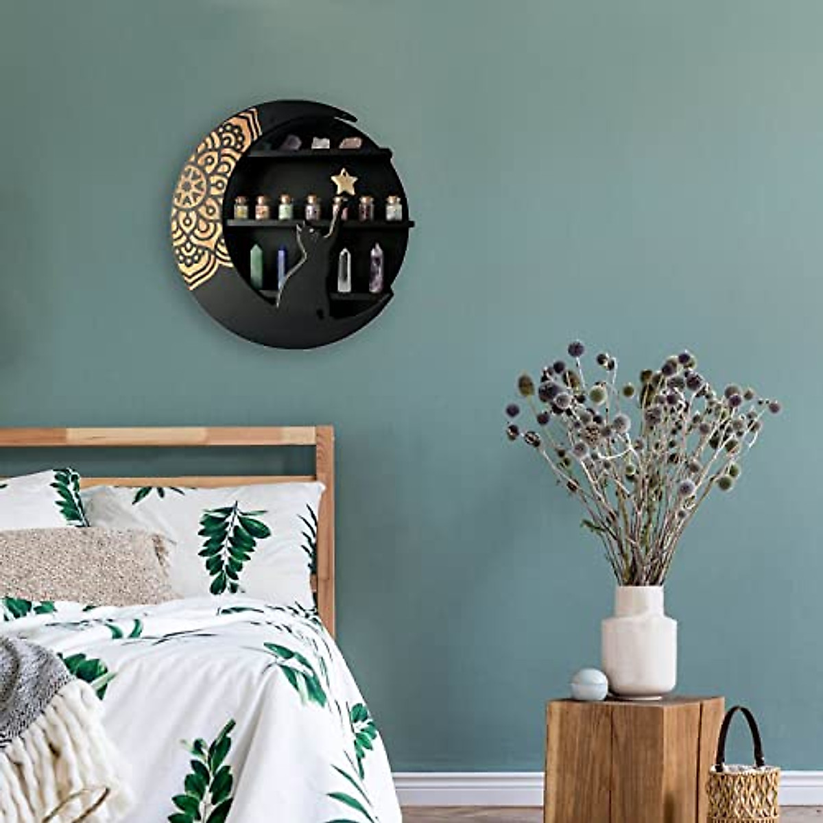 Natural Wood Round Wall Shelf With Star Moon And Cute Cat,Unique Decorative Floating Shelf For Crystals, Stones. Easy Install For Bedroom, Living Room And Kids Room. 12 x 12 x 3.5 in (Matte Black)